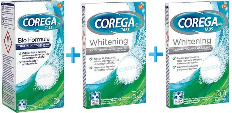 Corega Tabs Bio Formula x 136 sztuk + Corega Tabs Whitening x 60 sztuk ...